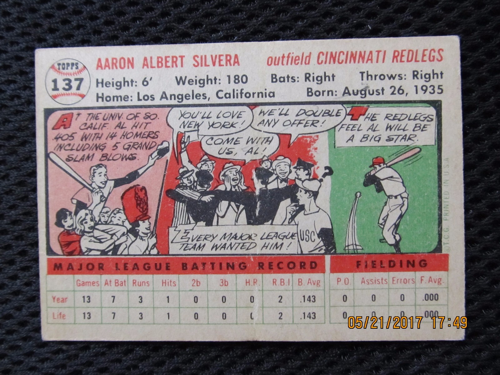 1956 TOPPS #137 AL SILVERA CINCINNATI REDLEGS OUTFIELD BASEBALL CARD ...
