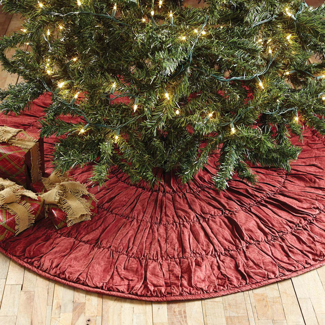VHC Brands Anders Tree Skirt Brick Redish Burgundy 48" Round Ruched for ...