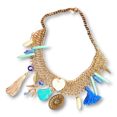 Turquiose, Tassel & Lucky Charm EXPRESS Gold-toned Statement Chain ...