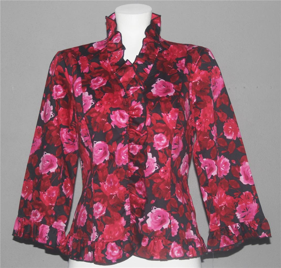 Jones New York Red Pink Floral Roses Ruffled Collar Front Cuffs Top Wm ...