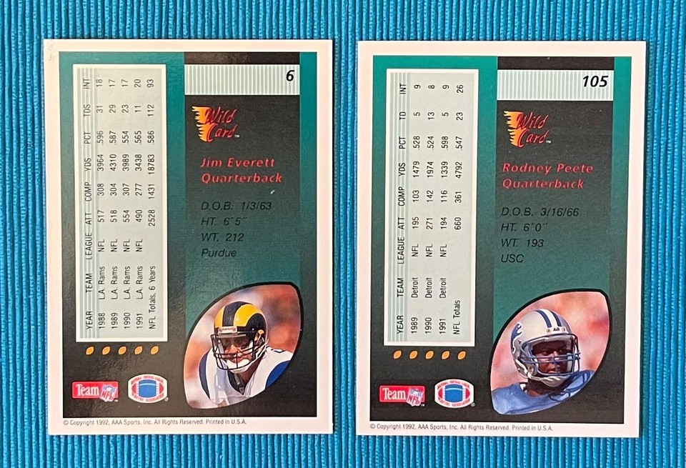 1992-Wild Card Football - # 6 Jim Everett & # 105 Rodney Peete (two cards) | eBay