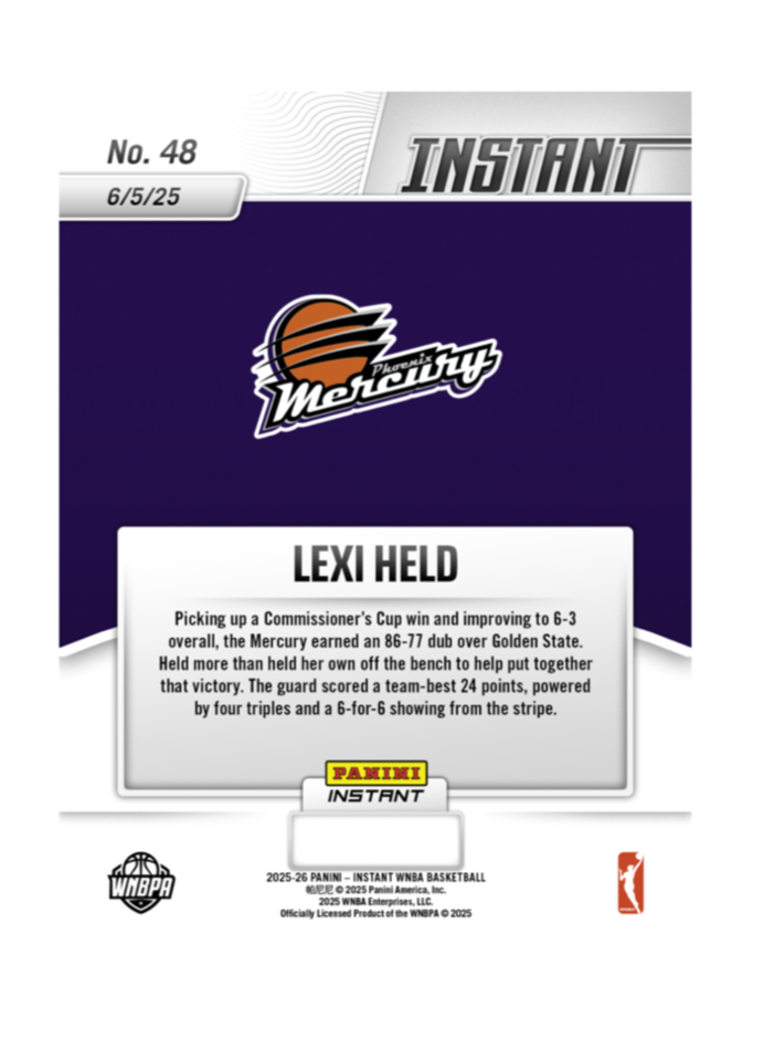 LEXI HELD 2025 PANINI INSTANT WNBA #48 PHOENIX MERCURY ROOKIE SP / 102 ...
