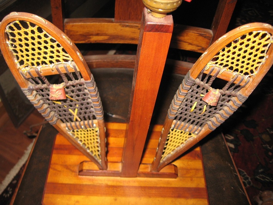 Vintage Mini Wood Snowshoe Table Lamp Leather Bindings Folk Art No ...