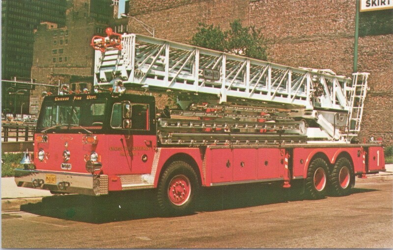 Postcard Firetruck Chicago Fire Ladder 1 1974 Pierce Morita 135 ft ...
