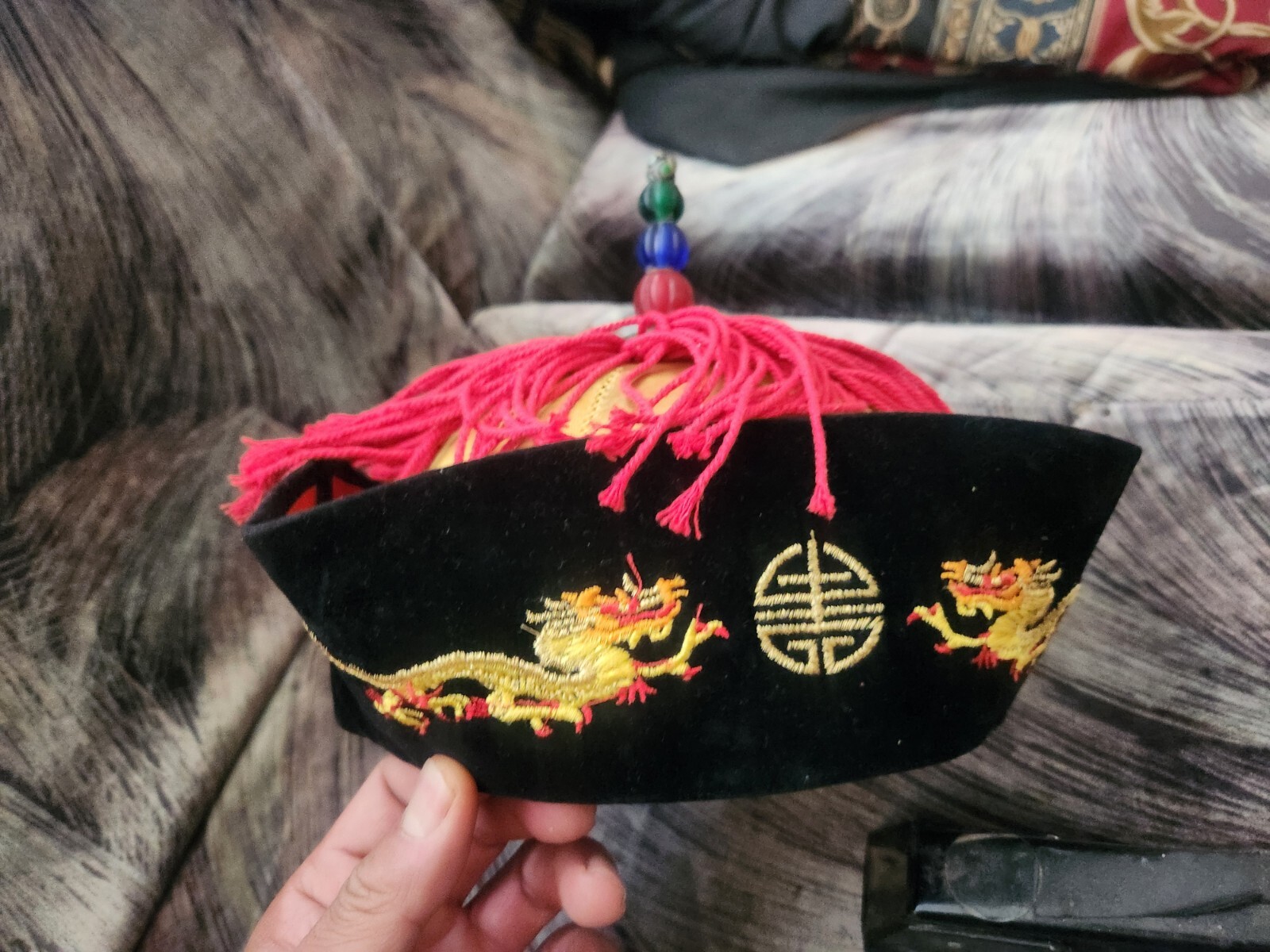 Old Chinese Qing Dynasty Emperor Cap Palace Cloth Emb… - Gem