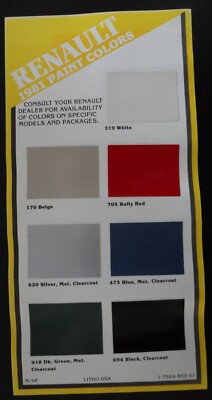 Vintage 1981 Renault Dealer Paint Colors Brochure chips FREE SHIPPING ...