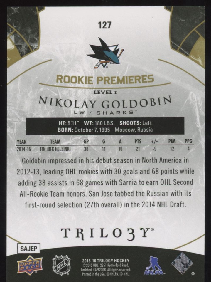 2015-16 Upper Deck Trilogy Rookie Premieres Nikolay Goldobin /999 San Jose | eBay