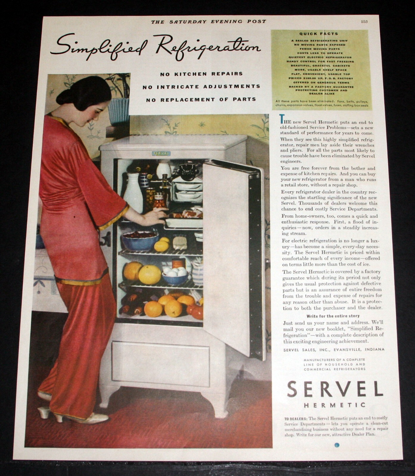 1931 OLD MAGAZINE PRINT AD, SERVEL HERMETIC FRIDGE, SIMPLIFIED ...