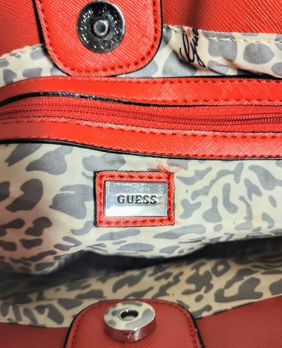 Authentic GUESS Quilted Red Satchel with Leopard Print Lining EXCELLENT ...