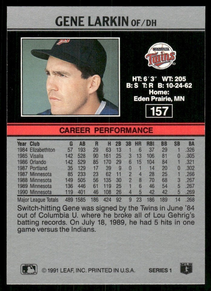 1991 Leaf #157 Gene Larkin - Minnesota Twins | eBay