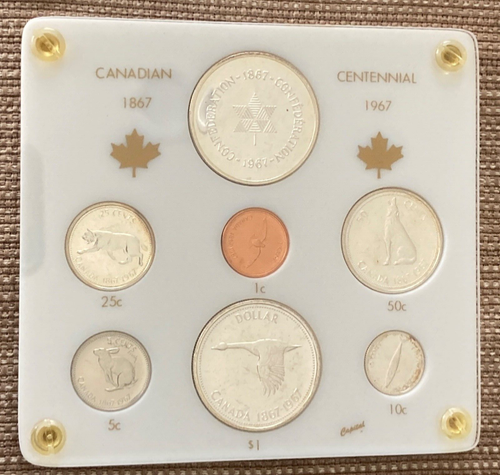 1867-1967 Royal Canadian mint set of 7 coins mounted in plastic display ...
