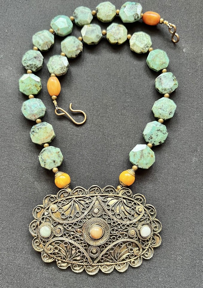 Tibetan brass filigree pendant & agate Cabochon with African turquoise ...