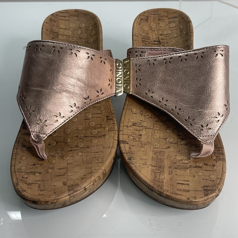 Vionic Anitra Cork Wedge Thong Sandal Metallic Rose Gold Women's 9M Med ...