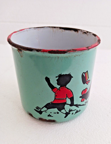 Enamel Cup Vintage Rooster Chasing boy Turquois Blue | eBay