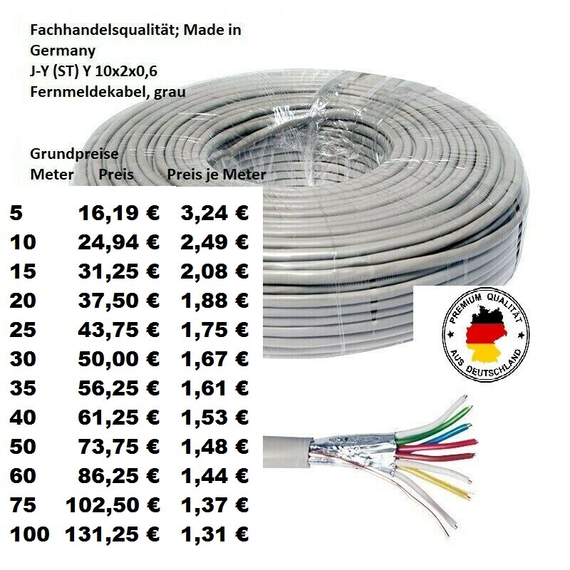 Fernmeldekabel Telefonkabel J-Y(ST)Y 2x2x0,8mm² grau
