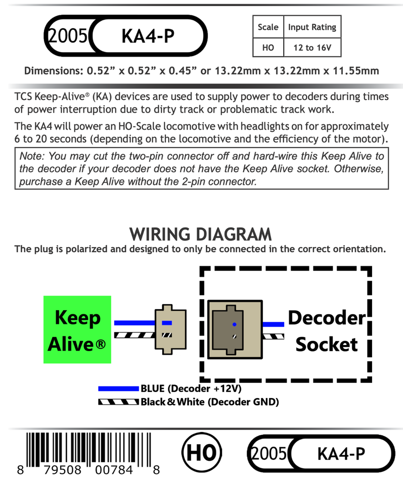 Train Control Systems TCS 2005 KA4-P Keep Alive Device 2 pin plug - $5 Offer 879508007848| eBay