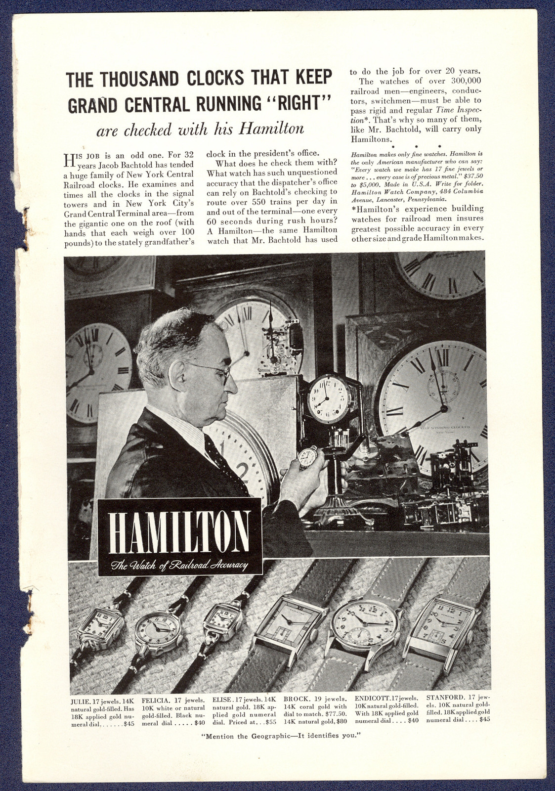 1940 HAMILTON WATCH advertisement, NYC Grand Central Terminal time ...