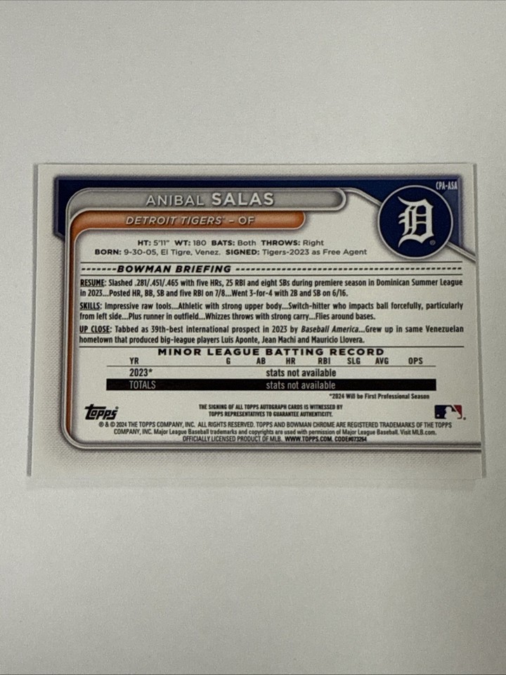 Anibal Salas 2024 Bowman Chrome #CPA-ASA 1st Prospect Auto Blue /150 ...