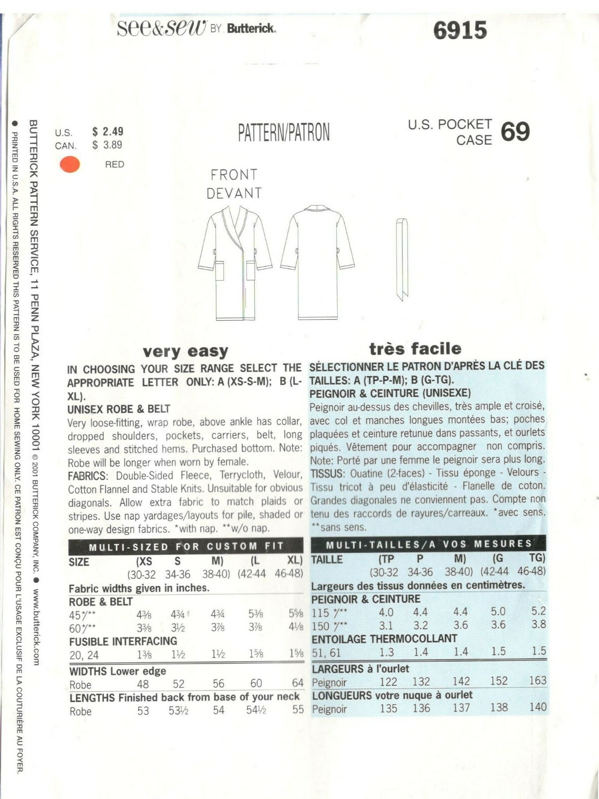 2000 Unisex Robe Belt Sewing Pattern U-Pick Size XS-XL Butterick 6915 ...