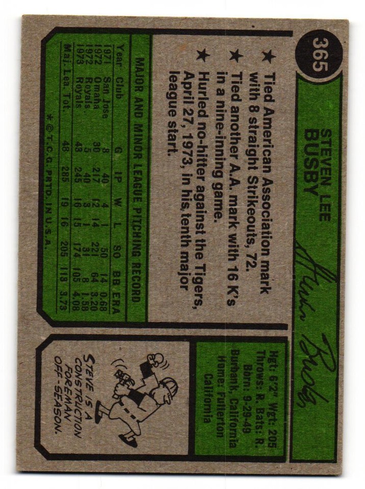 1974 Topps Steve Busby 365 | eBay