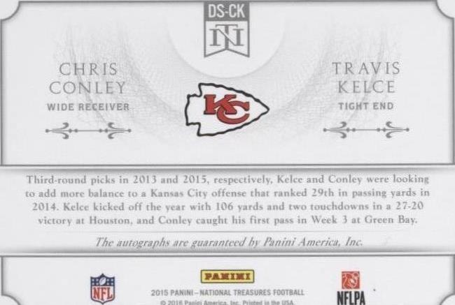 2015 Panini National Treasures Chris Conley Travis Kelce #DS-CK for ...