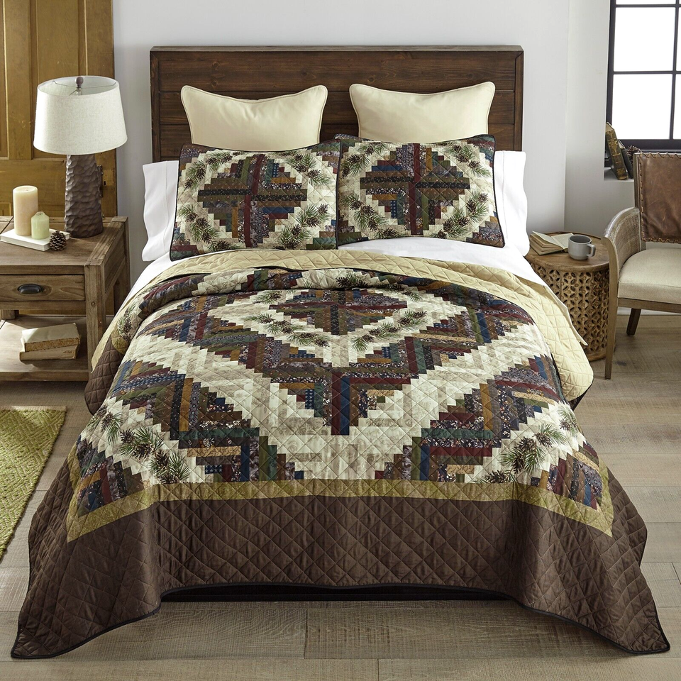Donna Sharp Whitley 3 -Pc Queen Quilt Set Plaid Rustic Log Cabin Brown ...