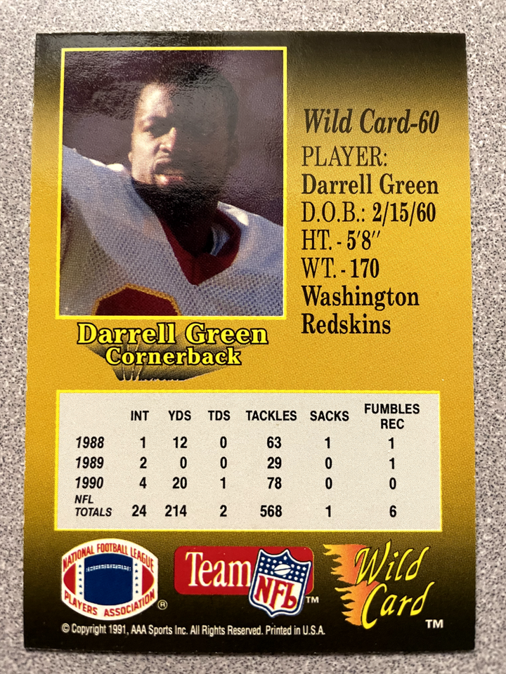 1991 Wild Card Darrell Green 5 Stripe Parallel Card #60 Washington ...
