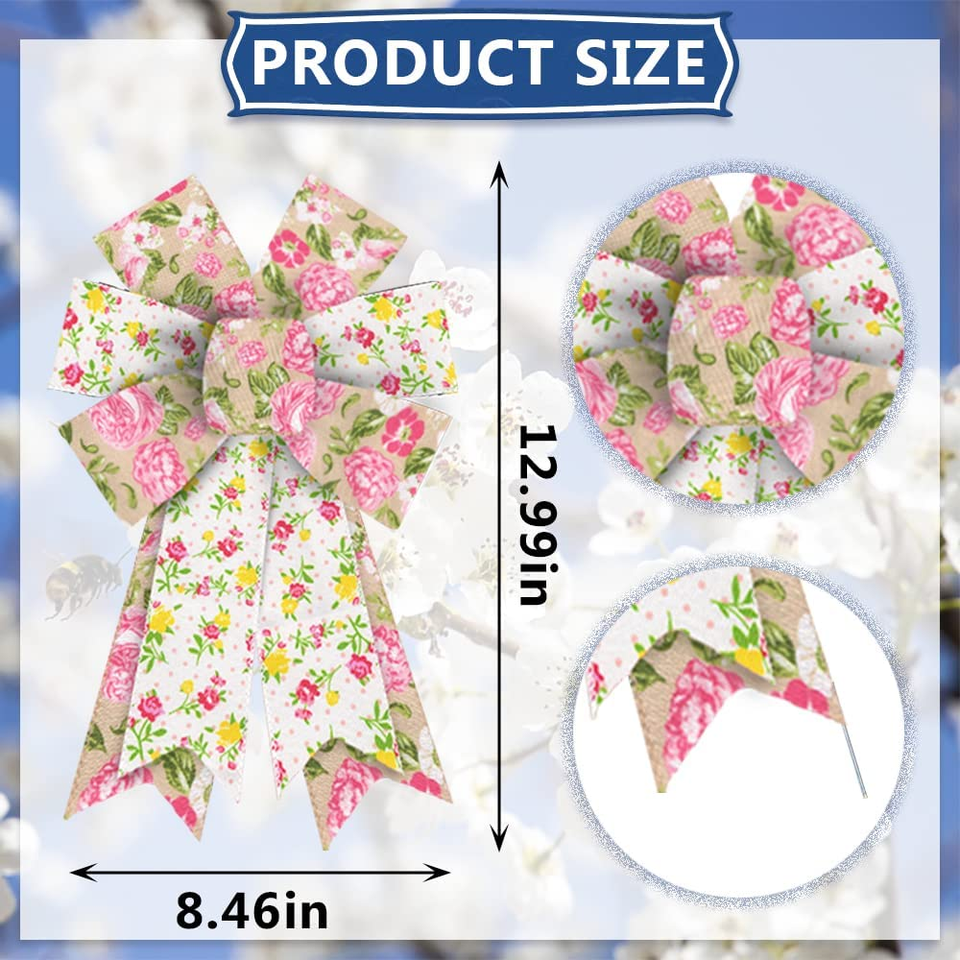 Hying 2PCS Spring Rose Bows for Wreath, Burlap Flower Wreath Bows for ...