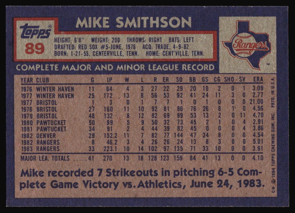 1984 Topps Mike Smithson Rookie #89 Texas Rangers | eBay