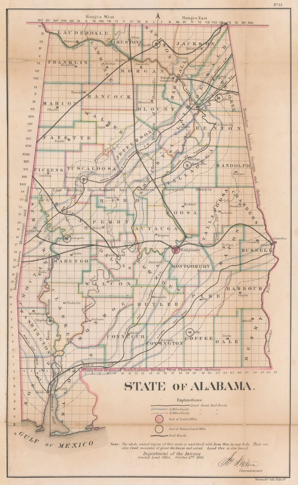 Alabama 1866 Vintage Historic Map Poster Print | eBay UK
