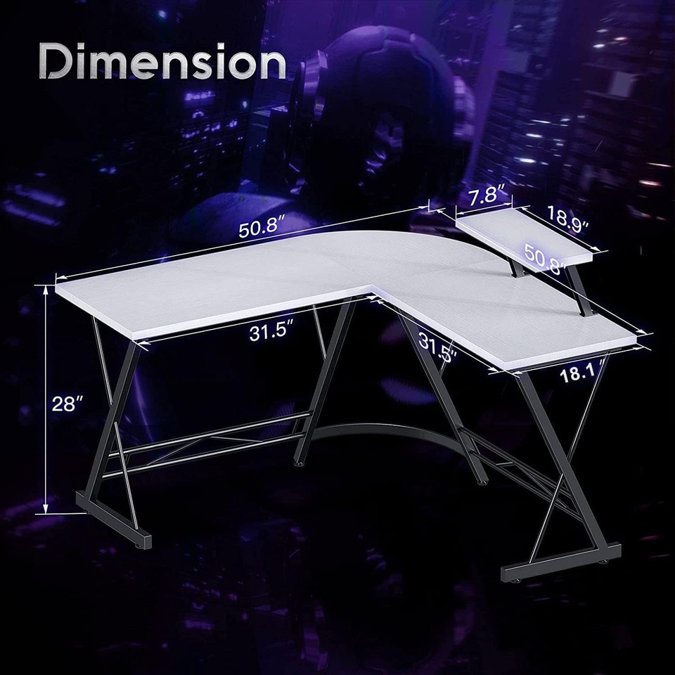 WHITE GAMING DESK WILSON L-SHAPED CORNER COMPUTER PC WORKSTATION ...