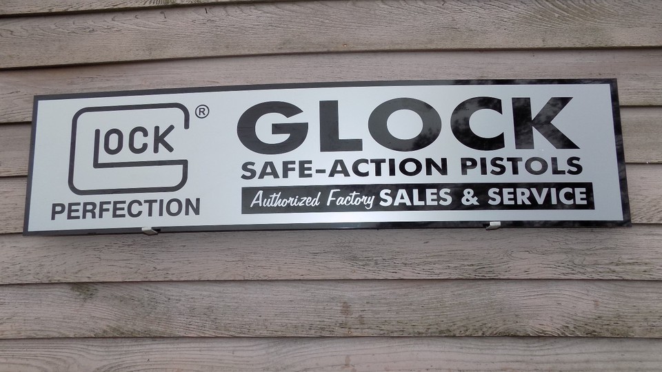 MODERN STYLE GLOCK PISTOL/FIREARMS DEALER SIGN/AD 1'X46" ALUM. PANEL W ...