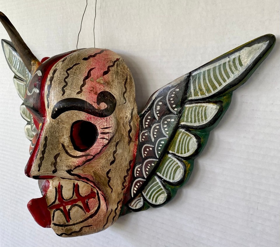 Mexican Folk Art Carved Wood Angel Devil Face Cacheton Bust Hang Wall ...
