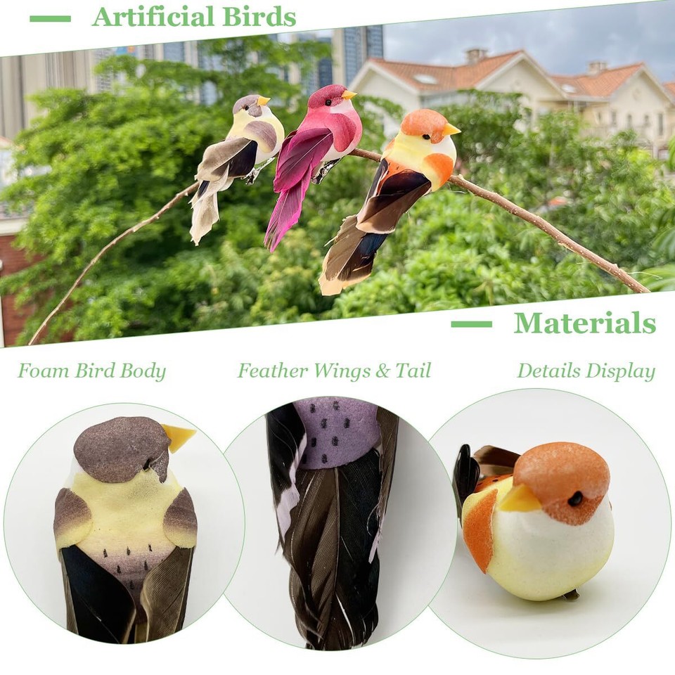 12pcs Clip on Artificial Birds for Decoration, 3.5-Inch Colorful Foam ...