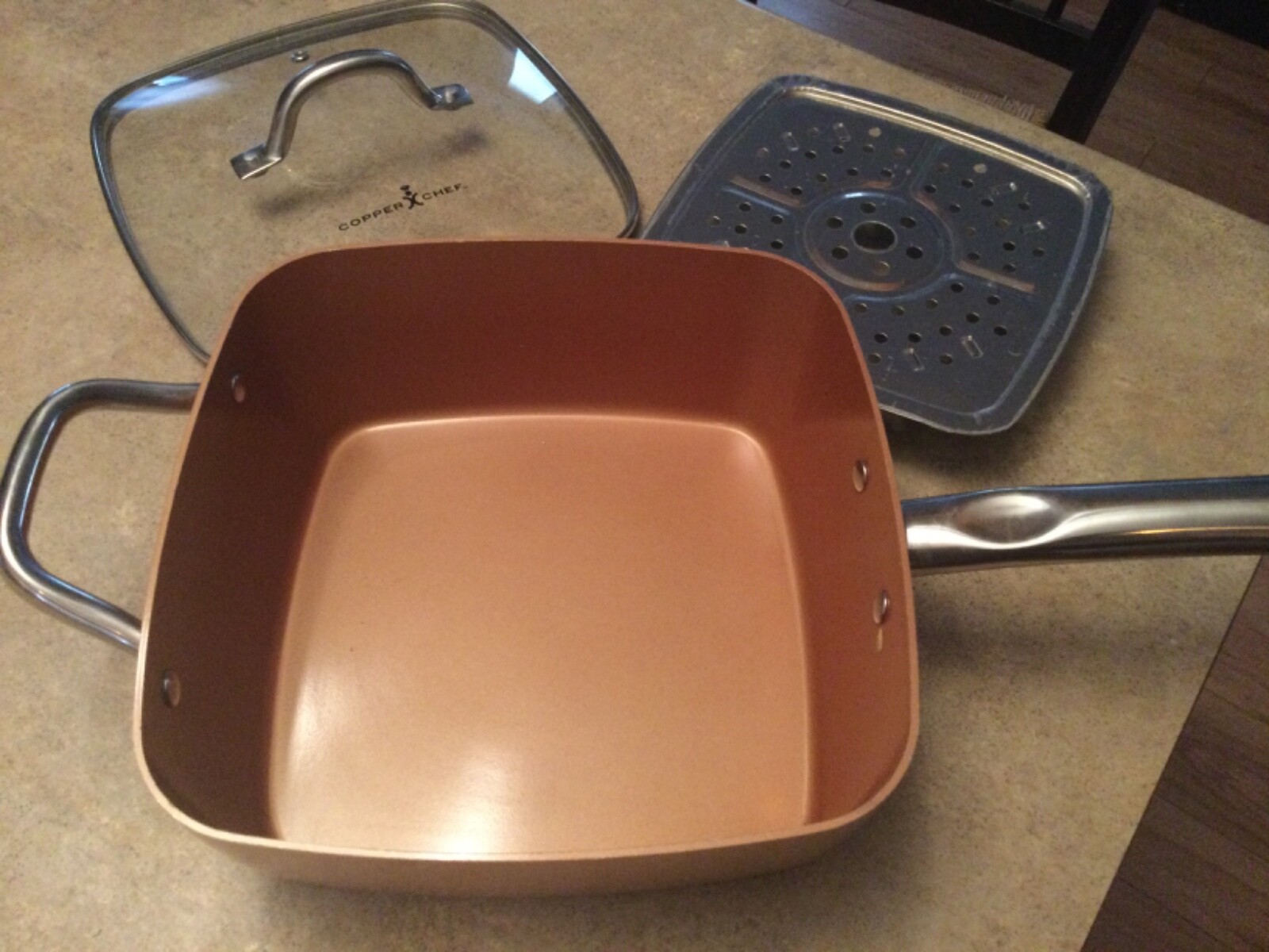 Copper Chef 9.5" Square Fry Pan with Glass Lid - Steam Rack | eBay