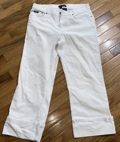 Izod Jeans Woman White Stretch Capris Size 10 Cuffed Pockets Logo 30 X ...