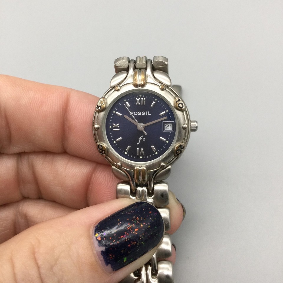 Fossil F2 Watch Womens 25mm Silver Tone Blue Dial Date ES-8870 New ...