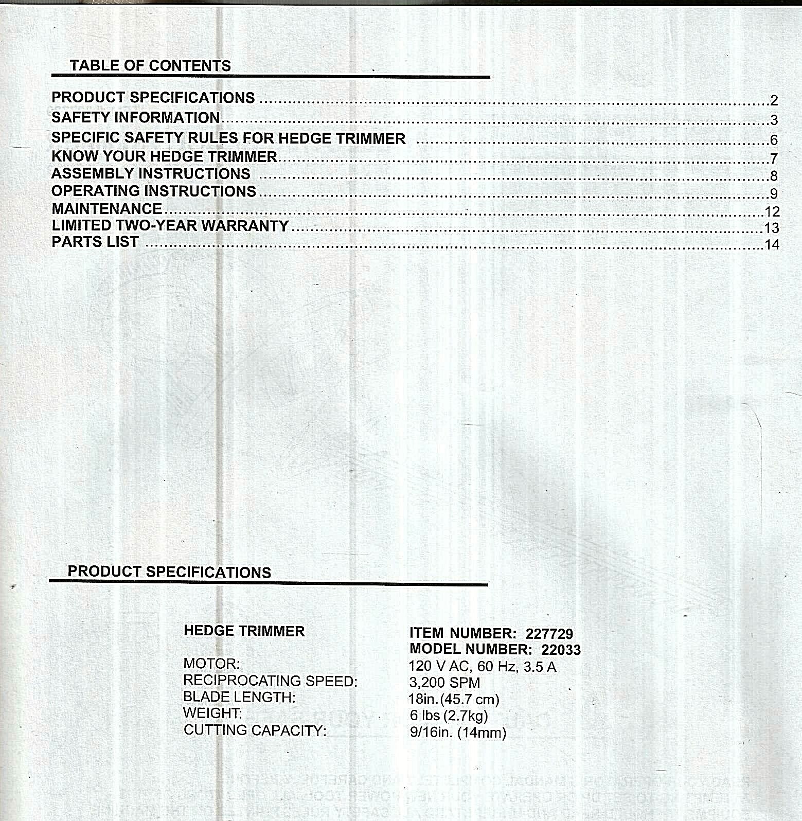 Task Force 18" Electric Hedge Trimmer ~ Owners Manual ~ Model 22033 | eBay