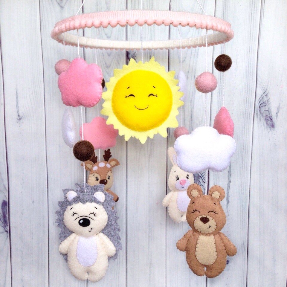 Baby Mobile Forest Animals Felt Pink Girl Nursery Decor Baby Gift Cot ...