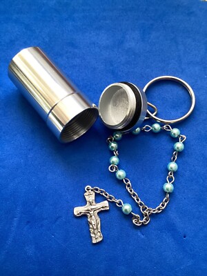 Rosary Container Keychain Handmade Aluminum Blue Glass Pearls 4mm Holy ...