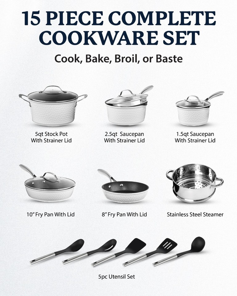 Granitestone Charleston 15 Piece Hammered Nonstick Cookware Set with ...