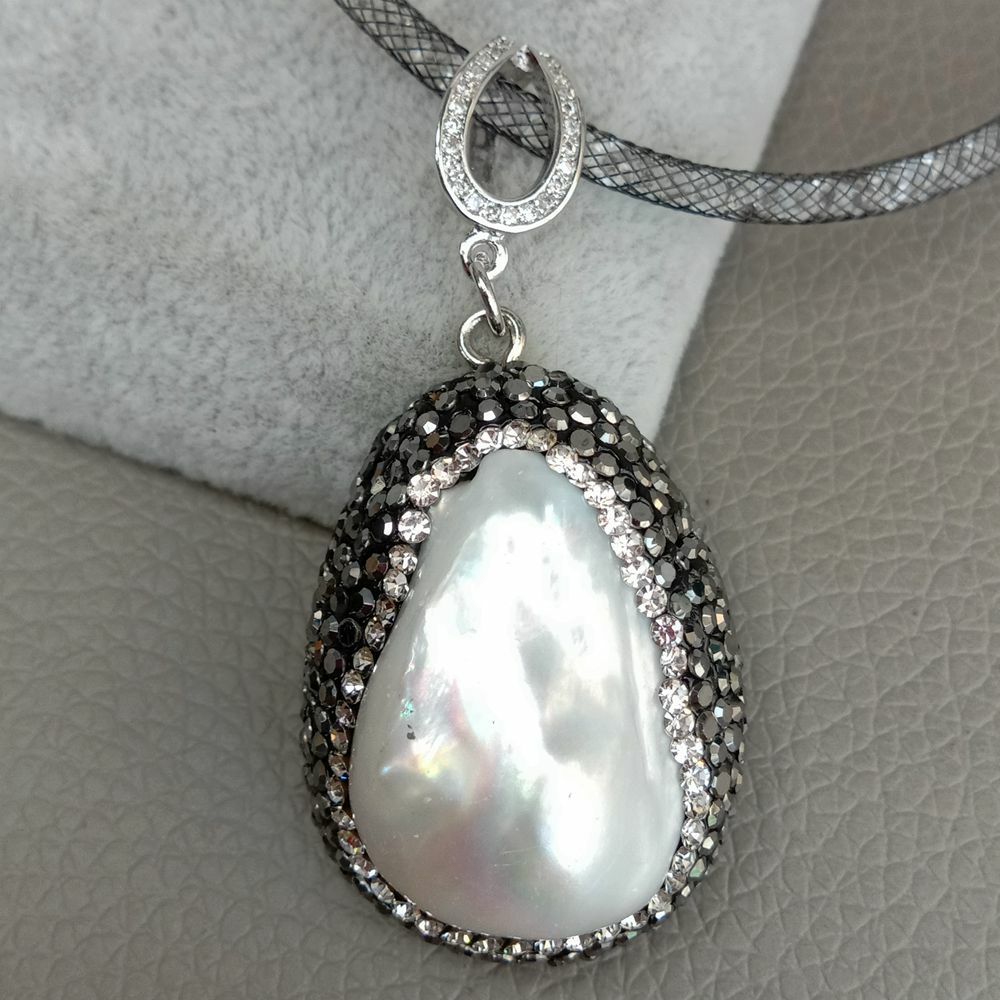 Gunmetal Plated Net Collar Necklace 24x31MM White Keshi Pearl Pendant ...