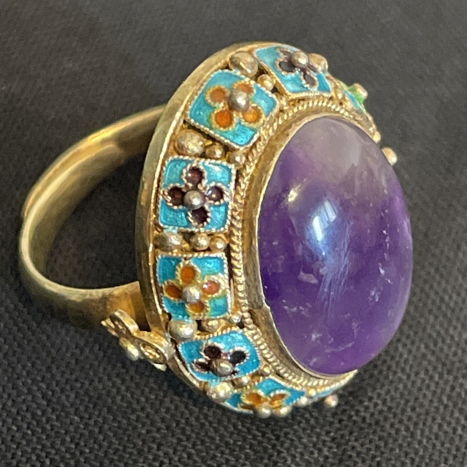 Vtg Chinese Export Ring Purple Stone Cabochon Enamel Filigree Sterling ...