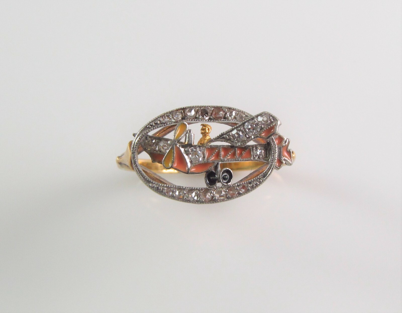 Antique 18k Gold & Platinum Art Deco Enamel Diamond Airplane Ring Size ...