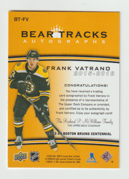 23/24 BRUINS CENTENNIAL FRANK VATRANO #BT-FV BEAR TRACKS AUTOGRAPHS ...
