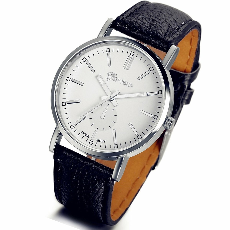 Classic Round Dial PU Leather Band Quartz Analog Wrist Watch Mens ...