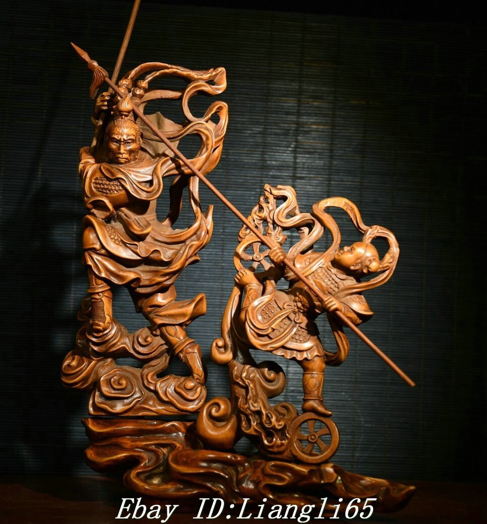 8.2" Alte Dynastie Buchsbaum geschnitzt Mythos XiYouji Sun Wukong Nezha ...