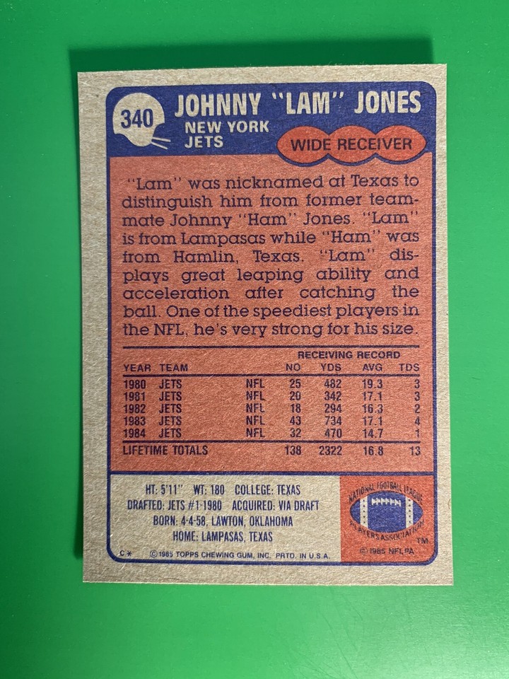 1985 Topps Johnny "Lam" Jones #340 New York Jets | eBay