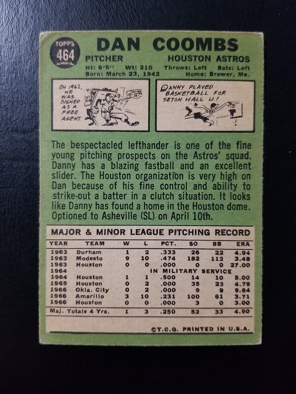 DAN COOMBS 1967 TOPPS BASEBALL CARD # 464 HOUSTON ASTROS | eBay