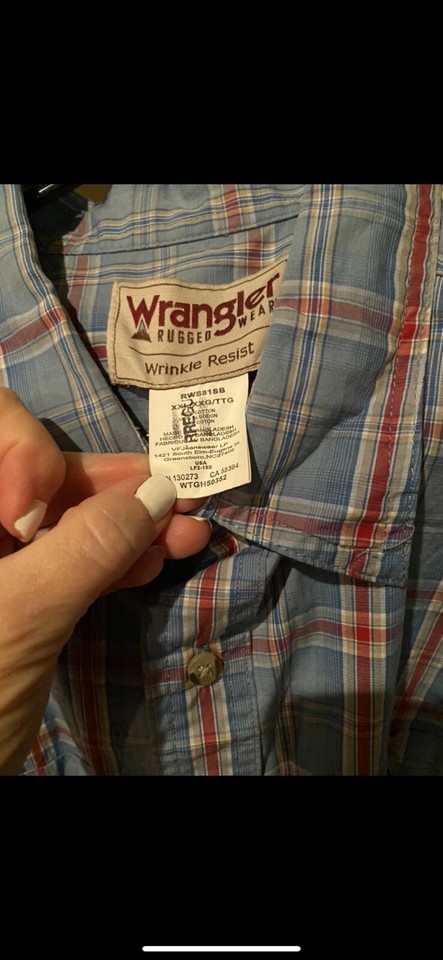 WRANGLER COTTON Short Sleeve Plaid Blue Red WESTERN SHIRT IRREGULAR ...